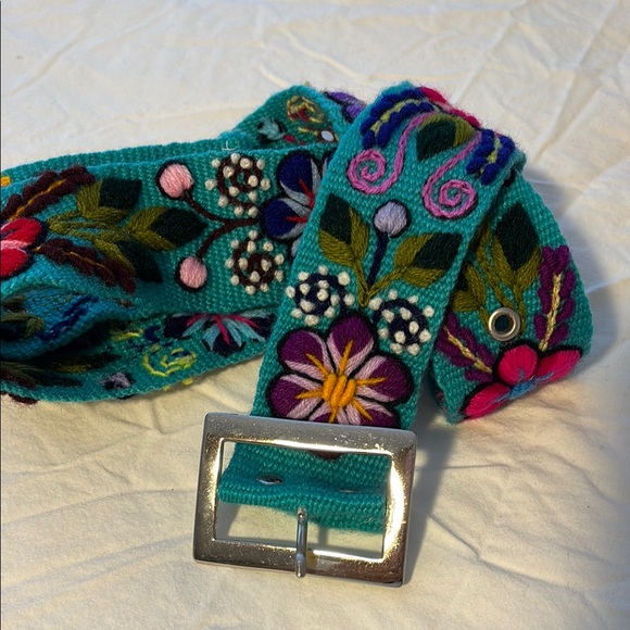 Accessories | Blue Floral Patterned Belt With Silver Buckle | Poshmark